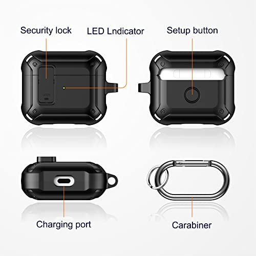 doeboe for AirPods 3rd Generation Case, Cover for AirPod 3 Generation Charging Case, Lock Lid Cover with Sturdy Keychain Supports Wireless Charging for Man Woman [LED Visible] (Black)