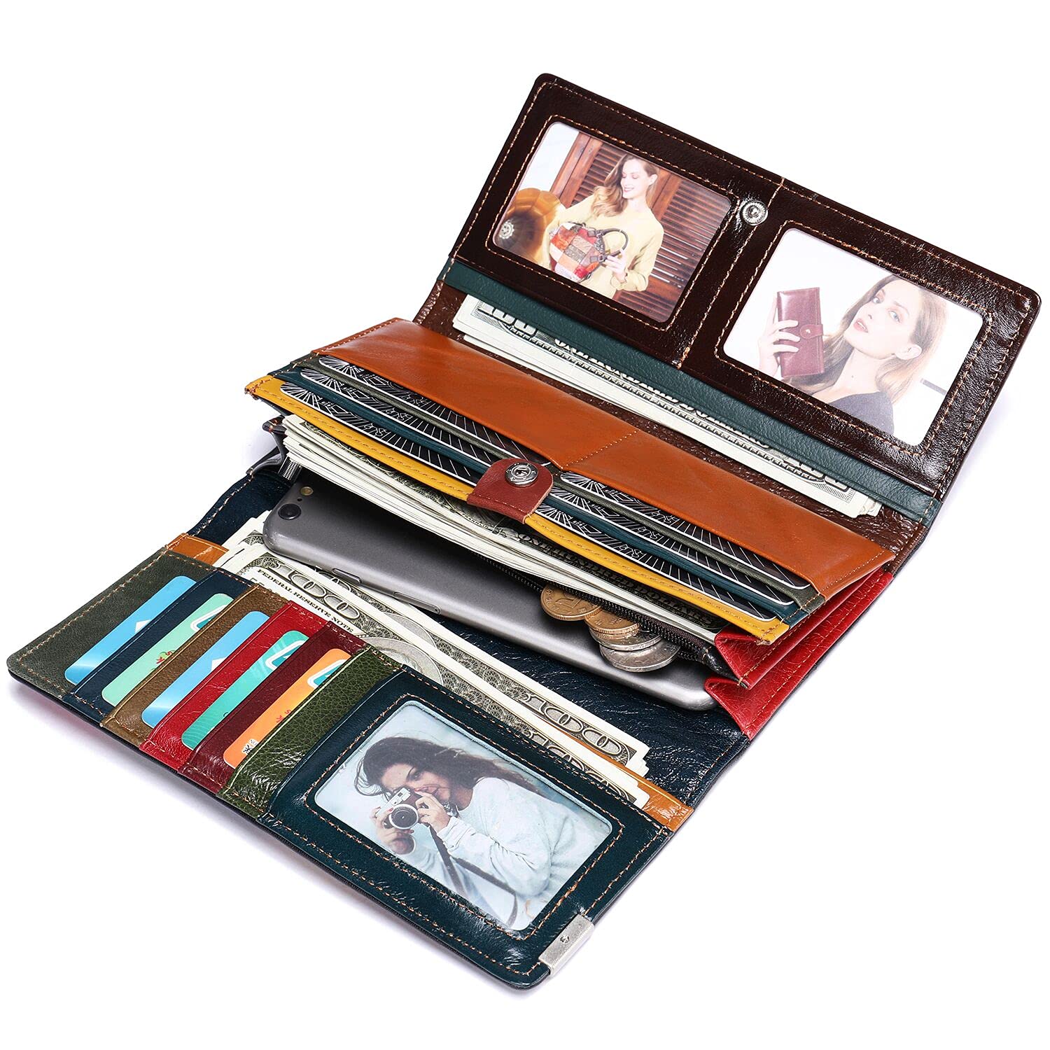 MASIWEI Genuine Leather Patchwork Wallet for Women Multicolor Trifold Wallets Ladies Card Holder Money Organizer with Coin Purse