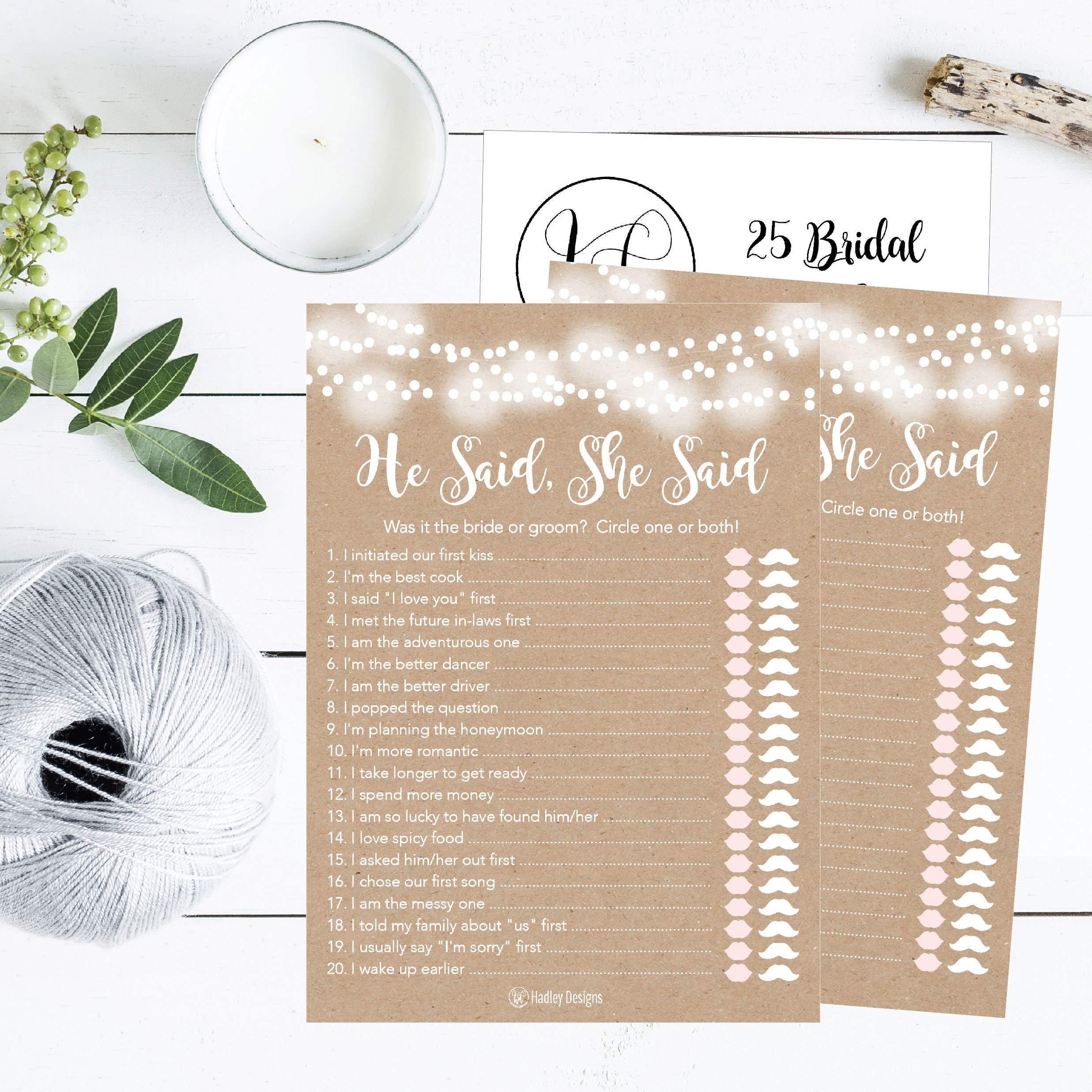Hadley Designs 25 Rustic Wedding Bridal Shower Engagement Bachelorette Party Game, He Said She Said Cards for Couples, Funny Co Ed Trivia Rehearsal Dinner Guessing Question Fun Supplies Kit
