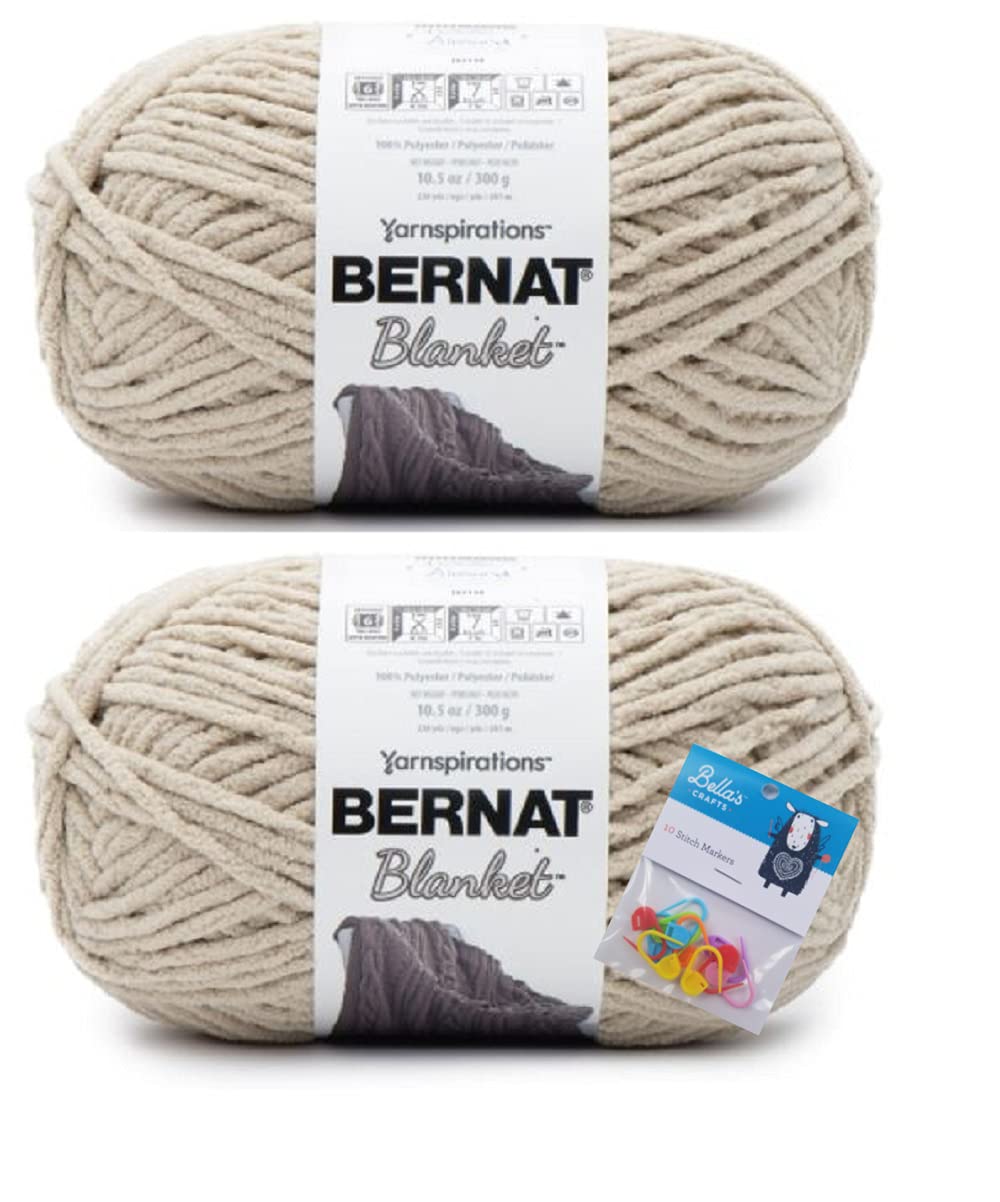 Bernat Blanket Yarn - Big Ball (10.5 oz) - Almond - 2 Pack Bundle with Bella's Crafts Stitch Markers
