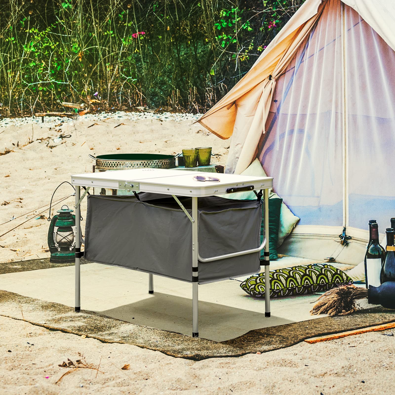 Coastrail Outdoor Folding Camping Table with Storage Height Adjustable Portable Lightweight Camping Table for Party, BBQ, Backyards and Picnic, White, 36 inch X 24 inch X 28 inch