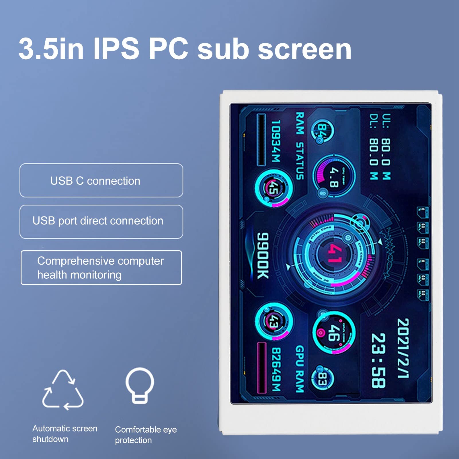 DAUERHAFT PC Temp Monitor, PC Sensor Panel Display Mini Screen for Home(White)