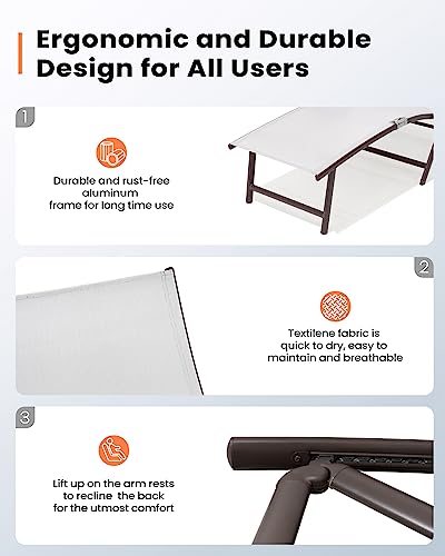 Pellebant Aluminum Patio Chaise Lounge Chair, Adjustable Chair for Outside with 8 Backrest Positions, Brown Frame, Folding Outdoor Recliners All Weather for Beach, Pool and Yard, Light Grey