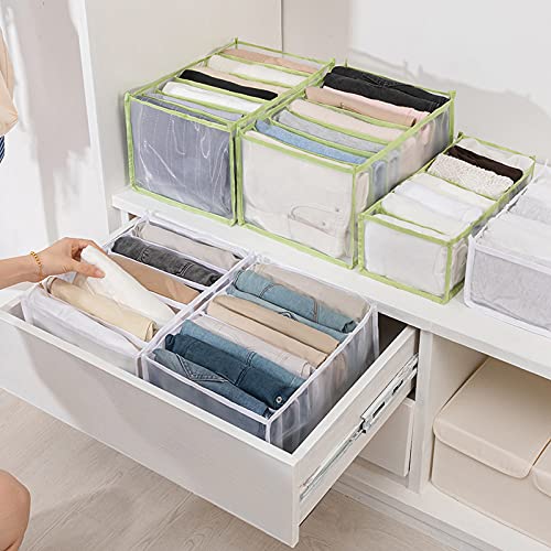 Set of 2 Pieces Wardrobe Clothes Organizer, Jeans Leggings Compartment Storage Box Closet, 7 Grids Folding Drawer For Clothing Mesh Separation , Transparent Divider For Stacking Pants Organizer (White)