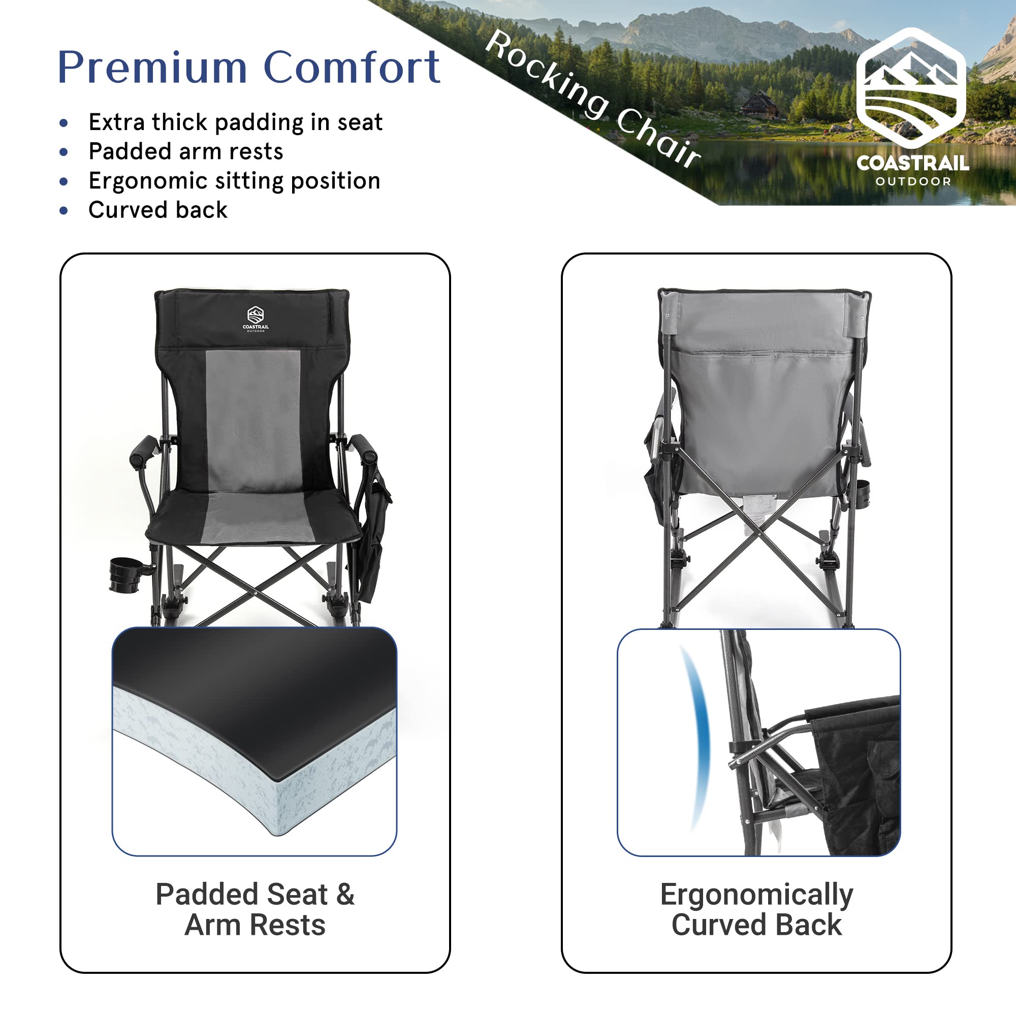 Coastrail Outdoor Folding Rocking Camping Chair High Back Padded Lawn Chair with Foldable Cup Holder, Side Storage, Back Pocket for Camping Hiking Heavy Duty 350lbs Weight Capacity, Black, Large