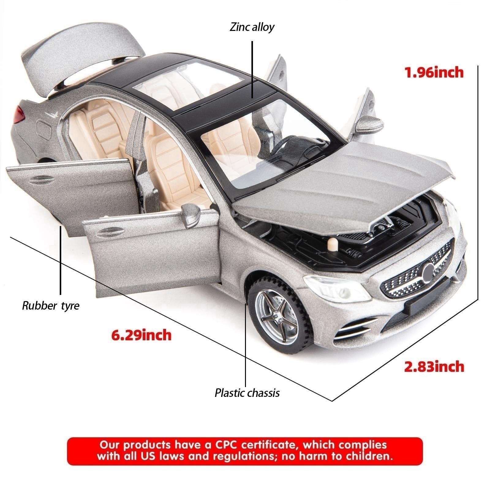 BDTCTK C260L 1:32 Model Car, Diecast Zinc Alloy Pull Back Toy Car with Sound and Light for Kids Boys Girls Red