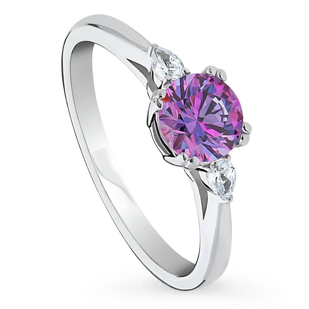 BERRICLE Sterling Silver 3-Stone Purple Round Cubic Zirconia CZ Fashion Anniversary Ring for Women, Rhodium Plated Size 9