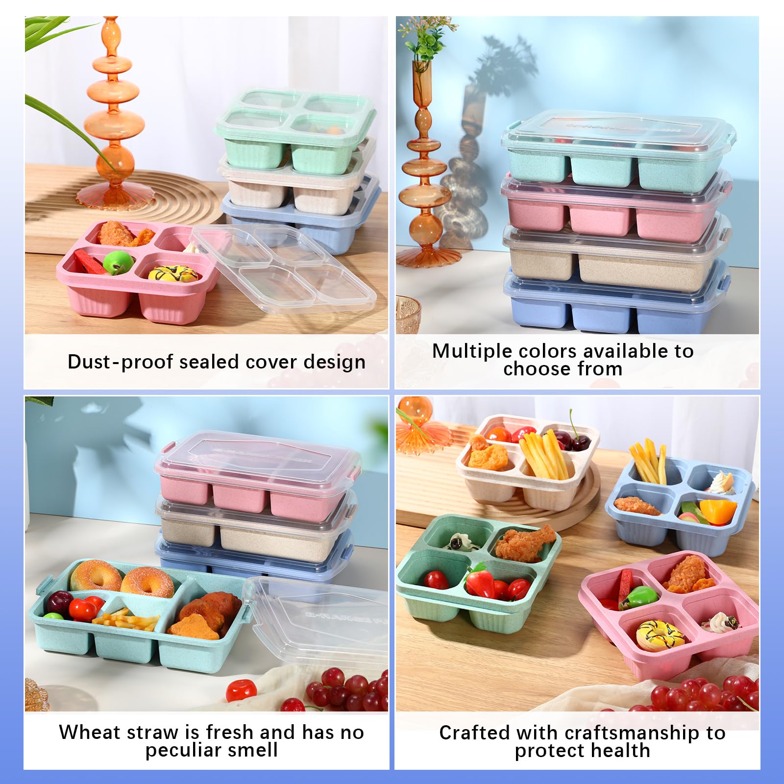 Bokon 8 Pcs Bento Lunch Box for Kids Snack Containers with 4 Compartments Bento Box Adult Lunch Box Microwave & Dishwasher Safe with Transparent Lids for School, Dining Out, Work, Picnic, 4 Colors
