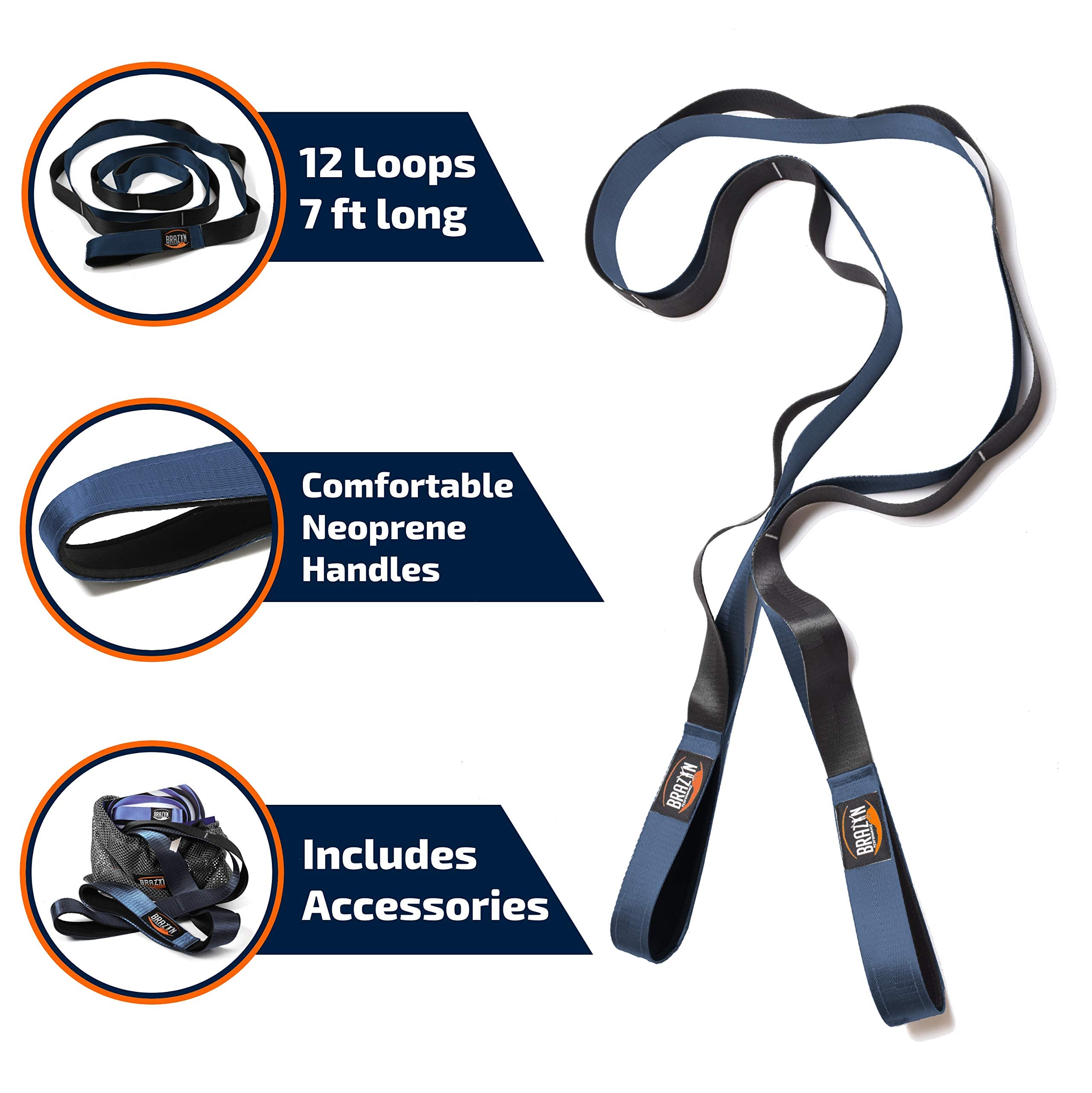 Brazyn Bundle - Resistance Bands Kit (with Handles) and Mobility Stretching Strap (Navy) for Home Workouts, Strength Training, Stretching, Yoga, Physical Therapy, Pilates, Dance and Gymnastics