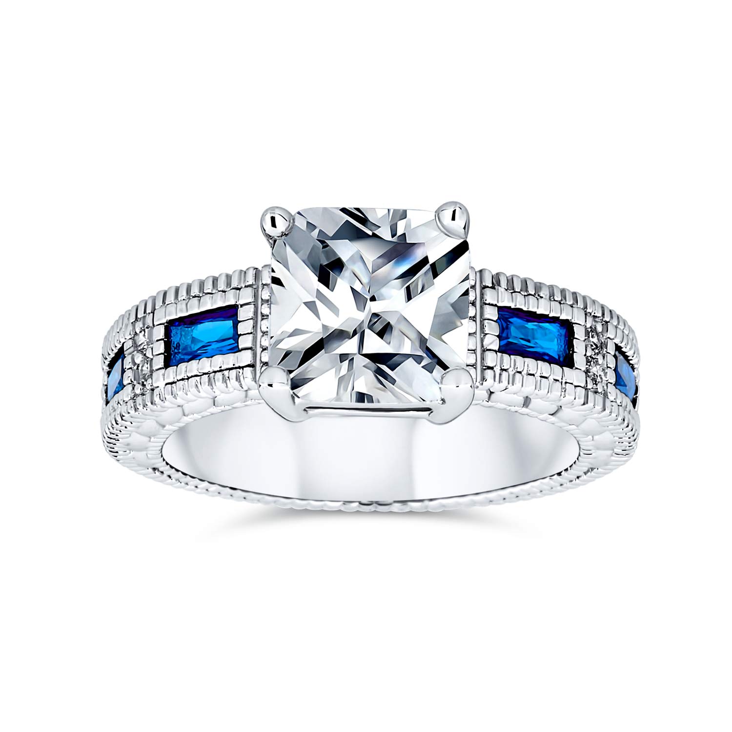 Bling Jewelry Cubic Zirconia Princess Cut & Blue Sapphire Color Baquettes Engagement Ring 3ct - Size 8