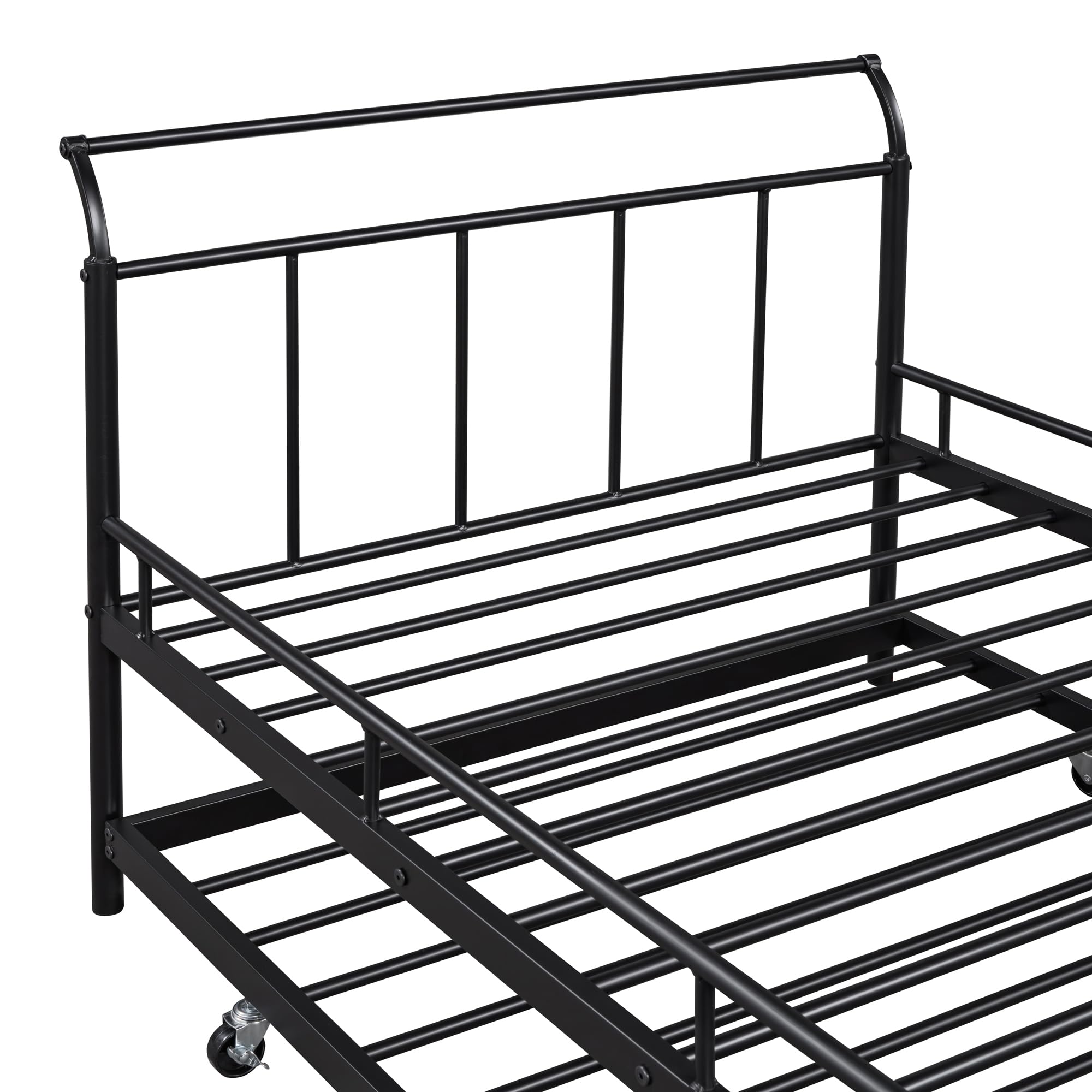 Full Size Metal Daybed with Curved Handle Design and Twin Size Trundle, Black