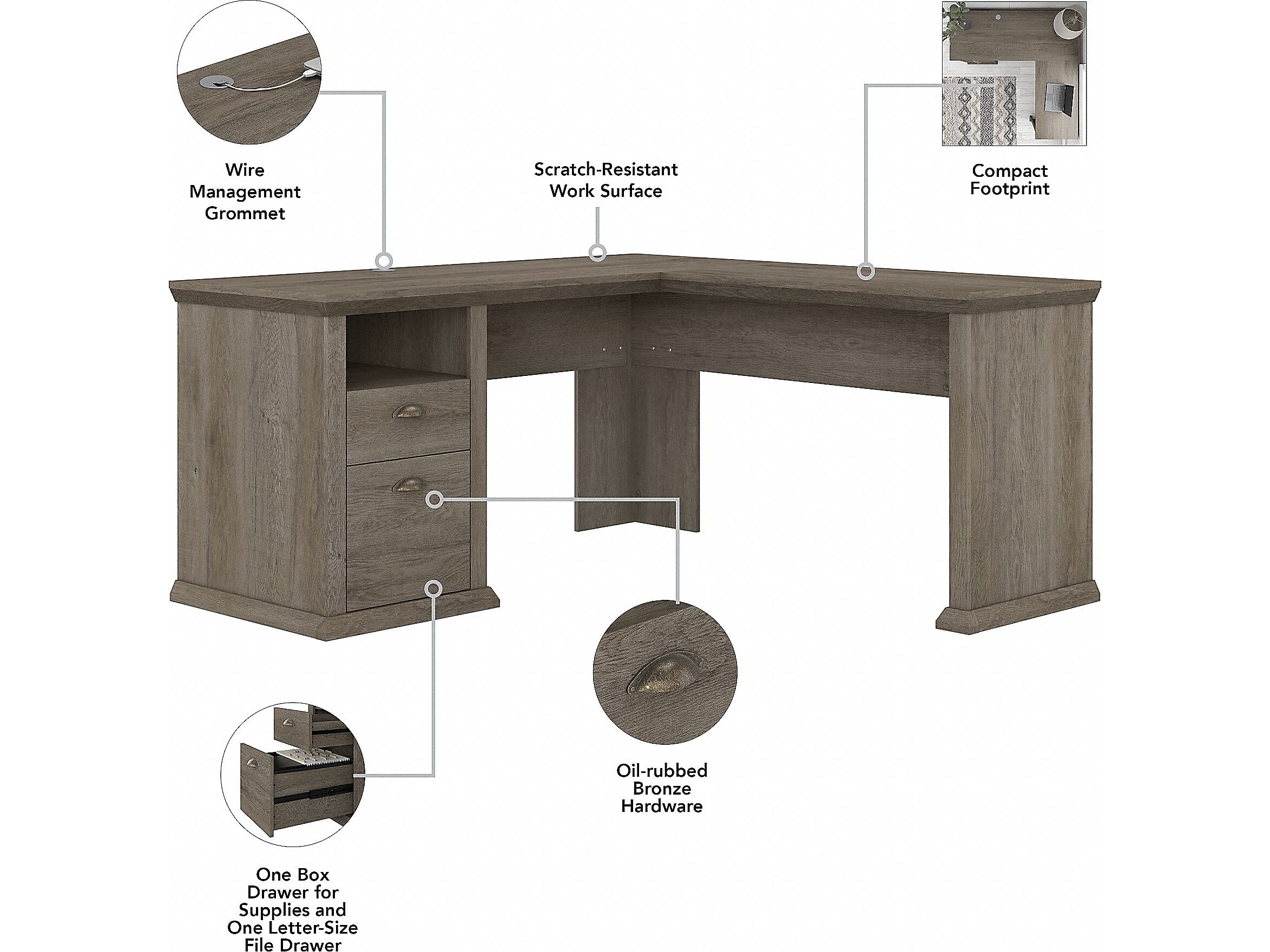 Bush Furniture Yorktown L Shaped Desk with Hutch, Lateral File Cabinet and 5 Shelf Bookcase, 60W, Restored Gray