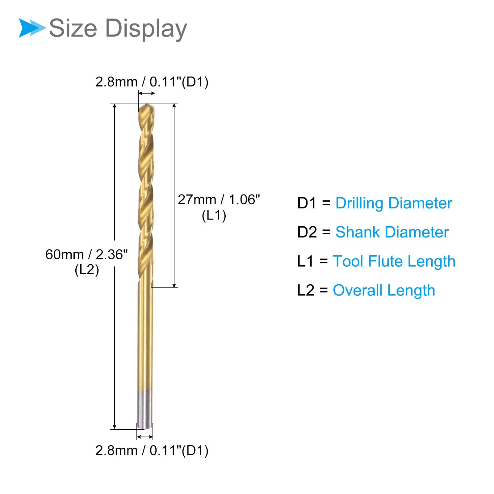 CoCud Twist Drill Bits, 2.8mm Drilling Diameter, Titanium Coated High Speed Steel 6542 Straight Round Shank - (Applications: for Stainless Steel Alloy Metal), 12-Pieces