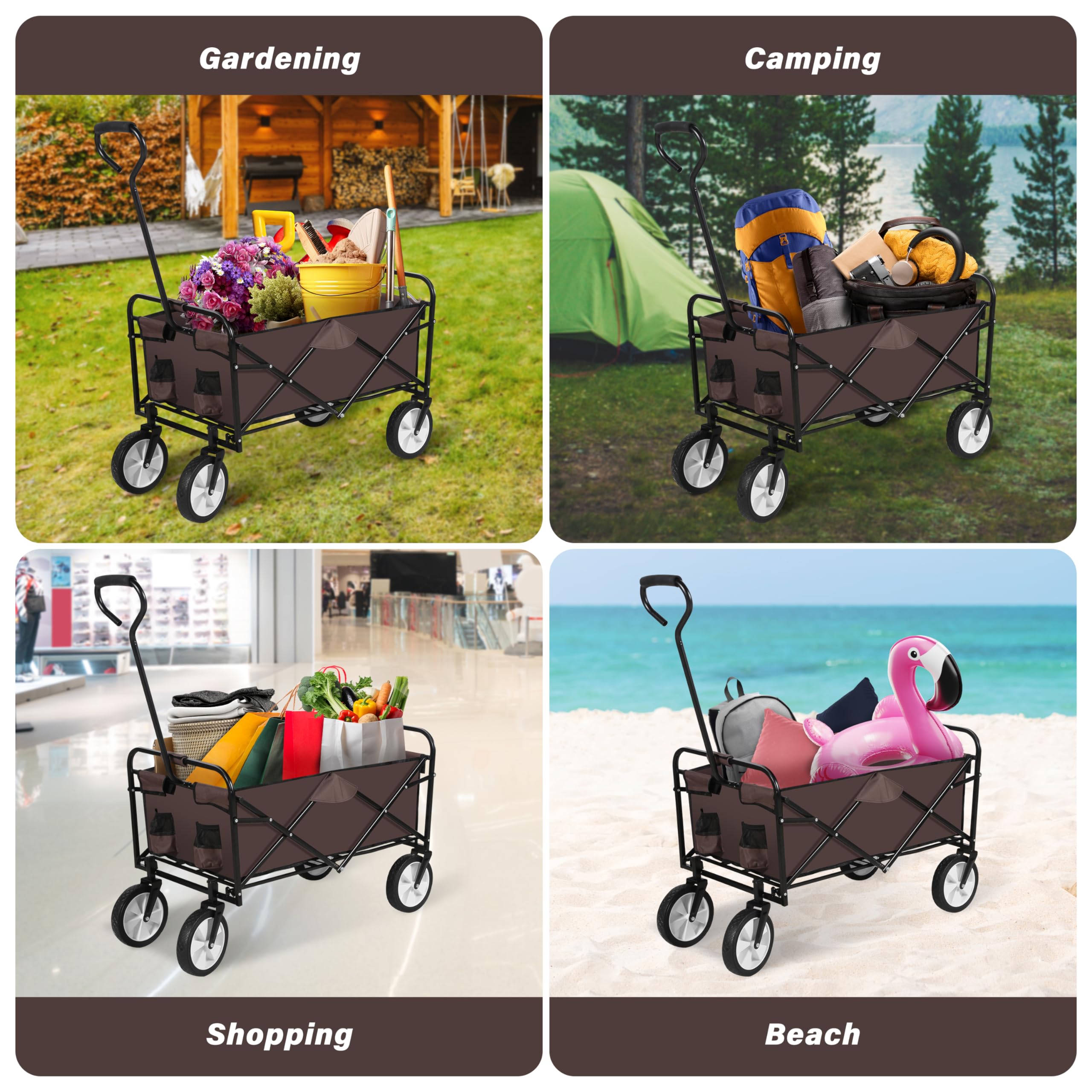 Collapsible Folding Wagon, Beach Wagon Cart Heavy Duty 220LBs Foldable, Utility Grocery Wagon with Side Pocket for Camping Garden Sports