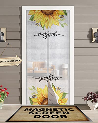 LBDEKOR Magnetic Screen Door Fits Door Screen Curtain 38" x 83", Watercolor Sunshine Sunflower Screen Door Mesh Door Screen Heavy Duty for Sliding Door Doorway Front Doors Summer Floral Grey Plaid