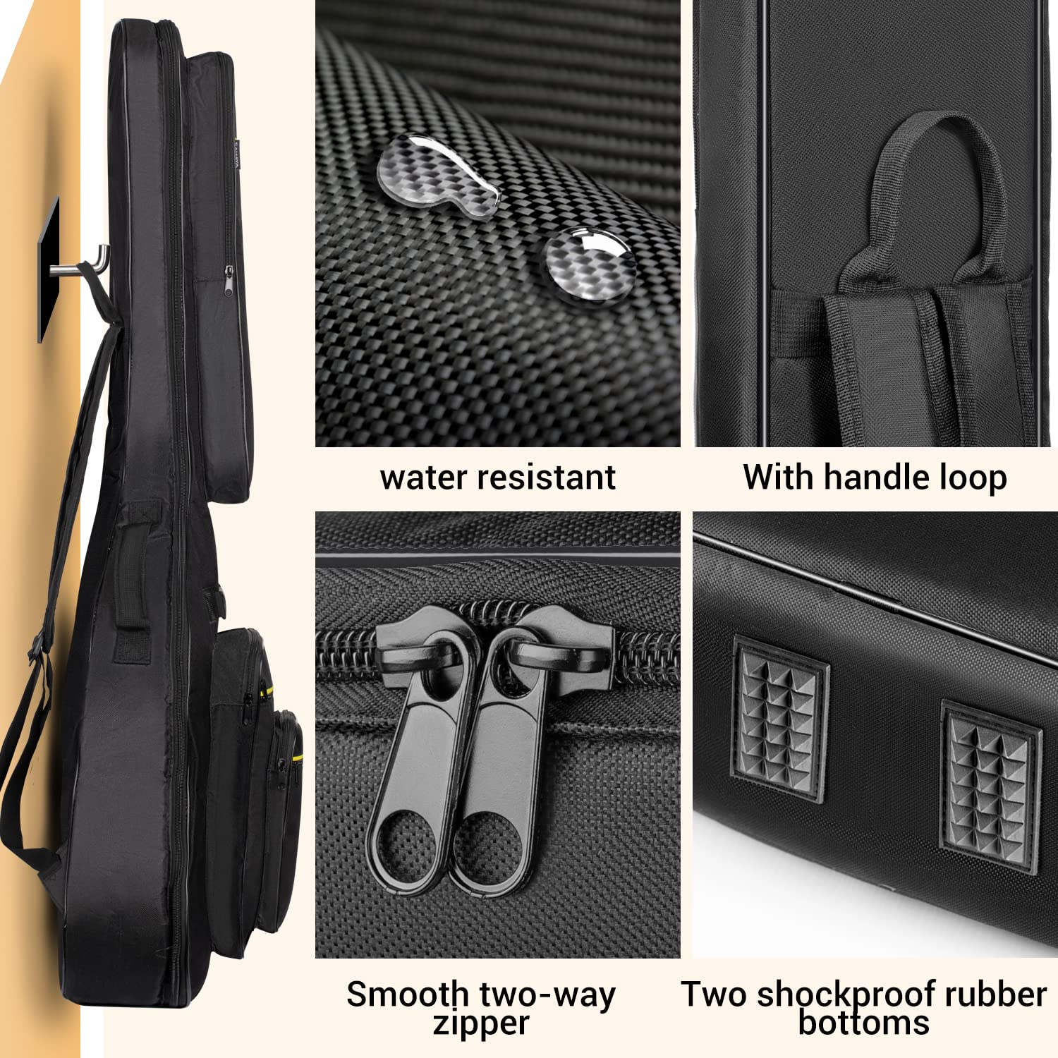 CAHAYA 44 Inch Guitar Bag Multi-pockets for Jumbo and Dreadnought Yellow Line Guitar Case 0.47in Thick Padding Water Resistent Dual Adjustable Shoulder Strap Gig Bag with Back Hanger Loop CY0284