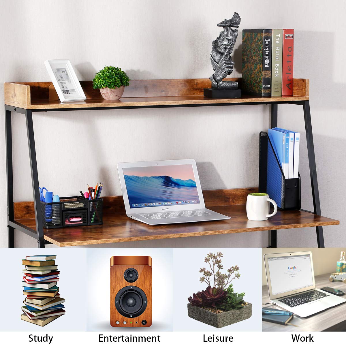 BOLDSTUFF Industrial Desk with Bookshelves, 48 inches Computer Desk with Small Hutch, Home Office Desk with Space Saving Design for Small Spaces (Archaize Brown)…