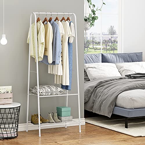 Home-Like 2-Tier Garment Rack, Metal Clothes Rack, Storage Clothing Rack with Single Hanging Rail and 2 Shelf for Bedroom Entryway Launary L23.7"xW13.19"x H62.99" White