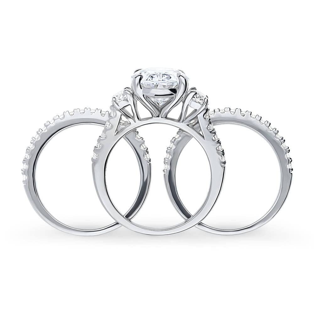 BERRICLE Sterling Silver 3-Stone Wedding Engagement Rings Oval Cut Cubic Zirconia CZ Ring Set for Women, Rhodium Plated Size 7