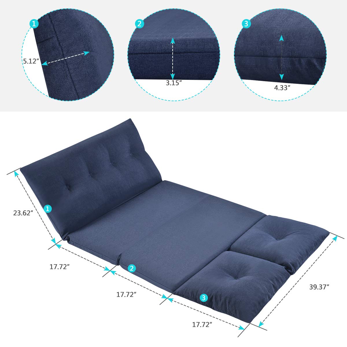 Harper & Bright Designs Floor Sofa Adjustable Lazy Sofa Bed, Foldable Mattress Futon Couch Bed, Navy Blue