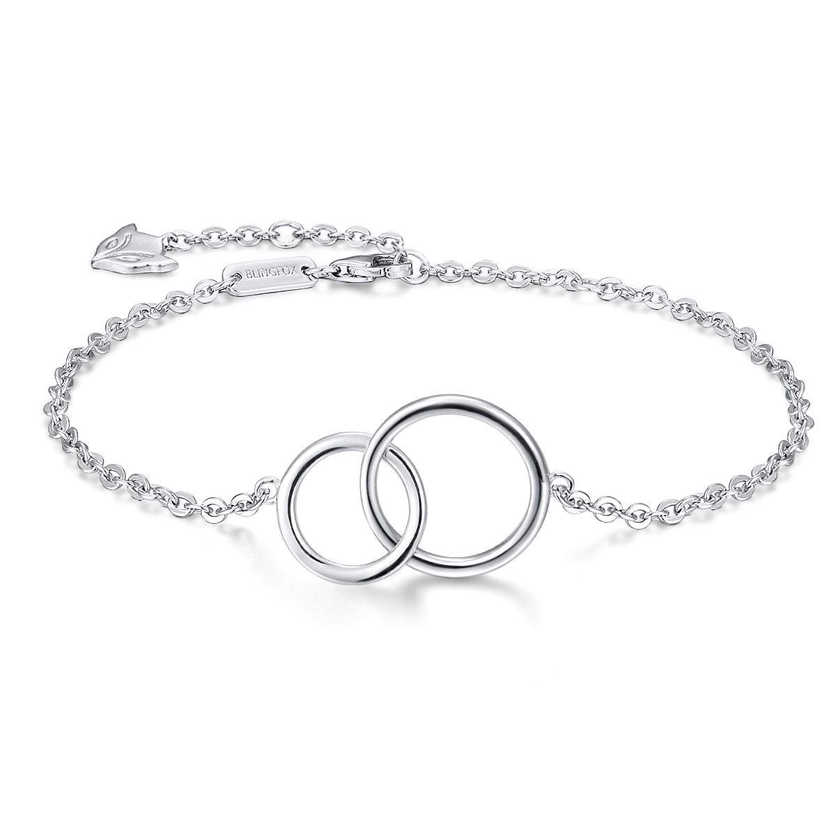 Blingfox 925 Sterling Silver Two Interlocking Infinity Circles Bracelet, Gift for Sister Friend mother (A Silver)