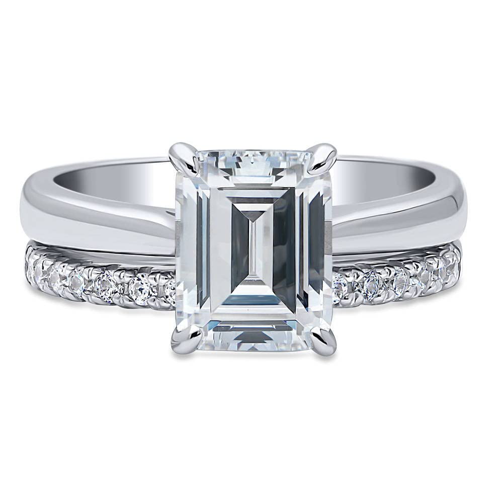 BERRICLE Sterling Silver Solitaire Wedding Engagement Rings 2.6 Carat Emerald Cut Cubic Zirconia CZ Ring Set for Women, Rhodium Plated Size 6