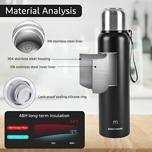 GENTSAM Metal Stainless Steel Insulated Water Bottle Double Walled Leak Proof Vacuum Flask Thermal Mug for Indoor Use (Black, 34oz/1000mL)