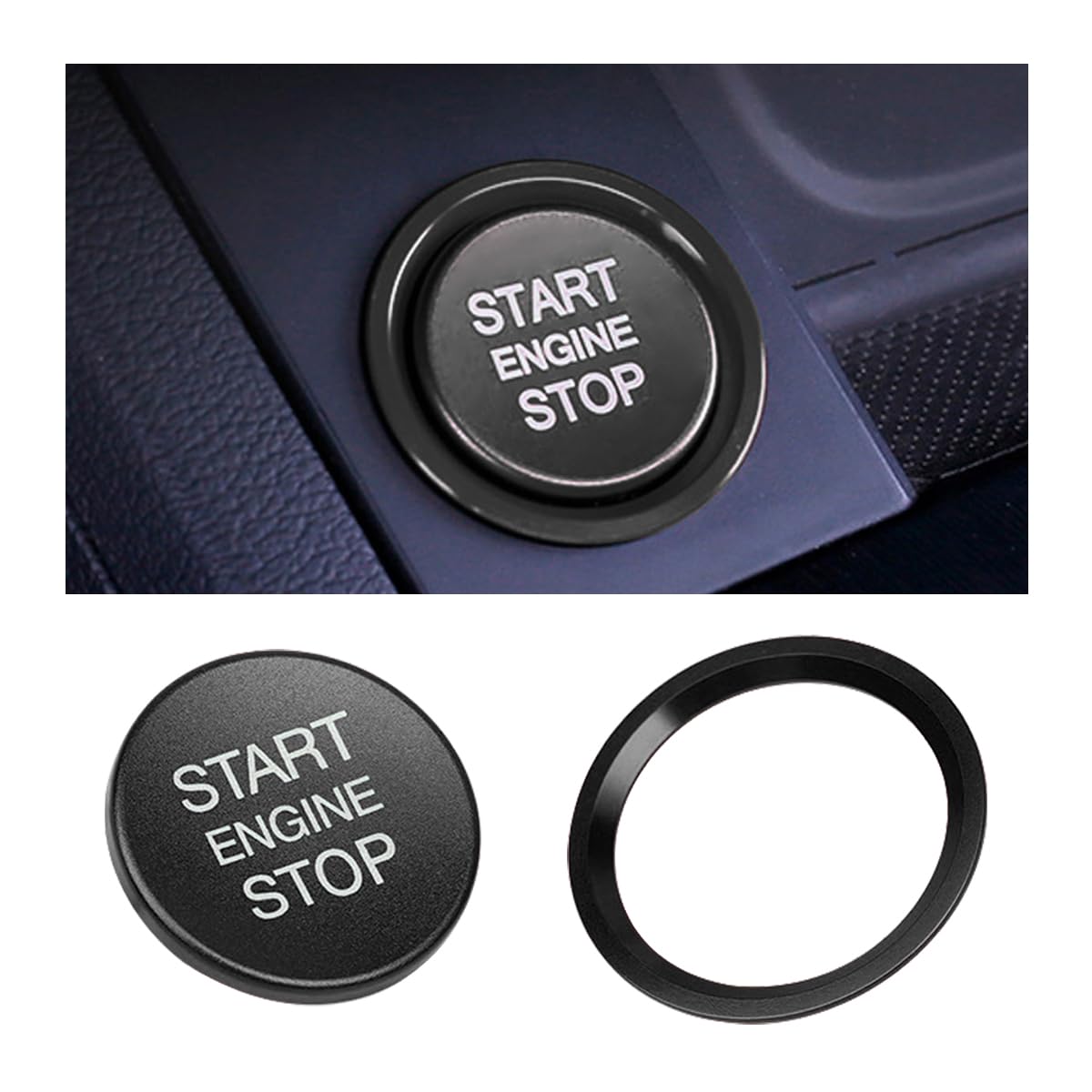 BESULEN Car Push Start Button Cover, Aluminium Alloy Engine Start Stop Button Cover with Metal Ring for Auto Decorations, Car Interior Accessories Ignition Button Cover for A4 A5 A6