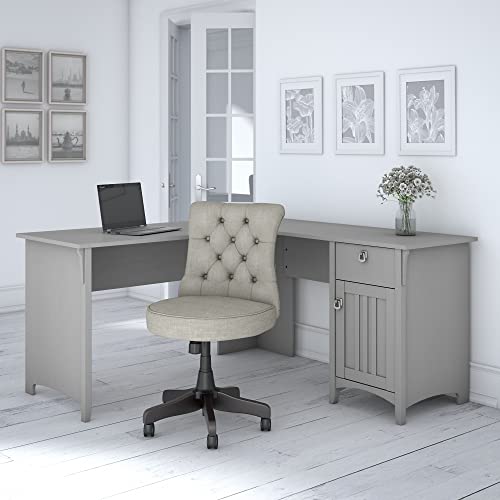 Bush Furniture Salinas 60W L Shaped Desk with Mid Back Tufted Office Chair in Antique White