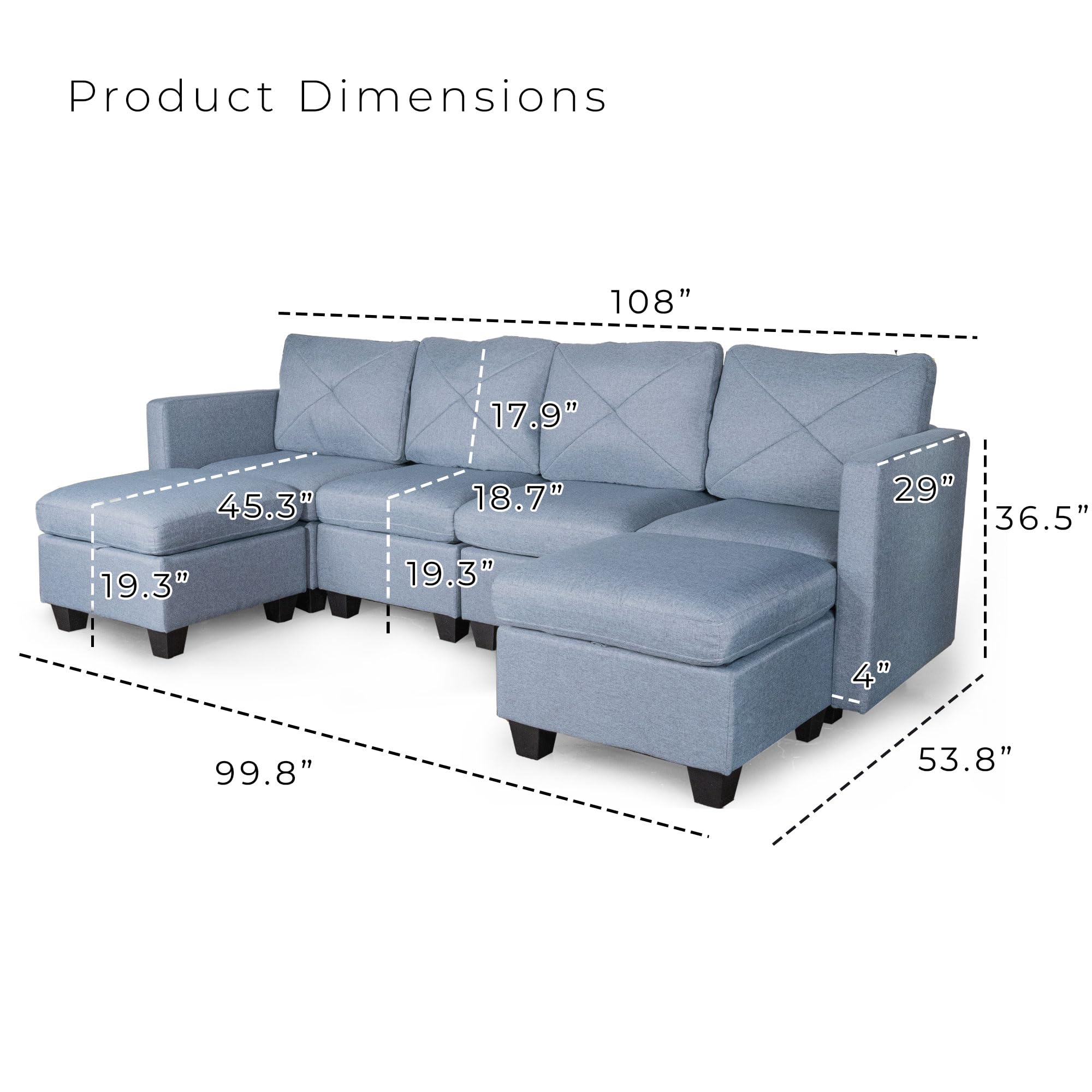Divano Roma Furniture Modern Linen Fabric U-Shaped 6 Seat Sectional Sleeper Couch with Reversible Chaise Modular Sofa with Storage, Large, Grey