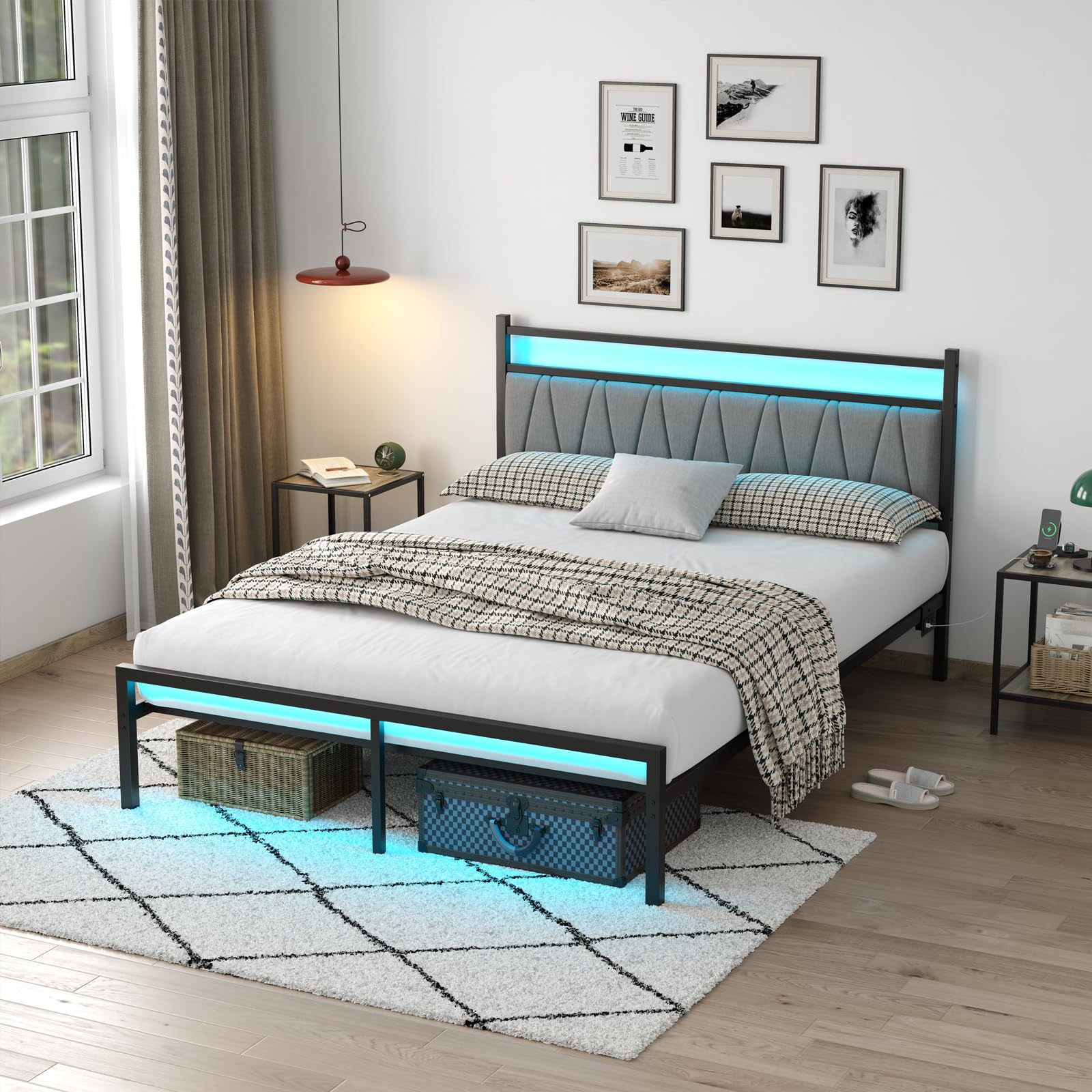 CollaredEagle Queen Size Bed Frame with Charging Station, Metal Platform Bed Frame with Fabric Upholstered Headboard, No Box Spring Needed, Large Under Bed Storage, Non-Slip, Black