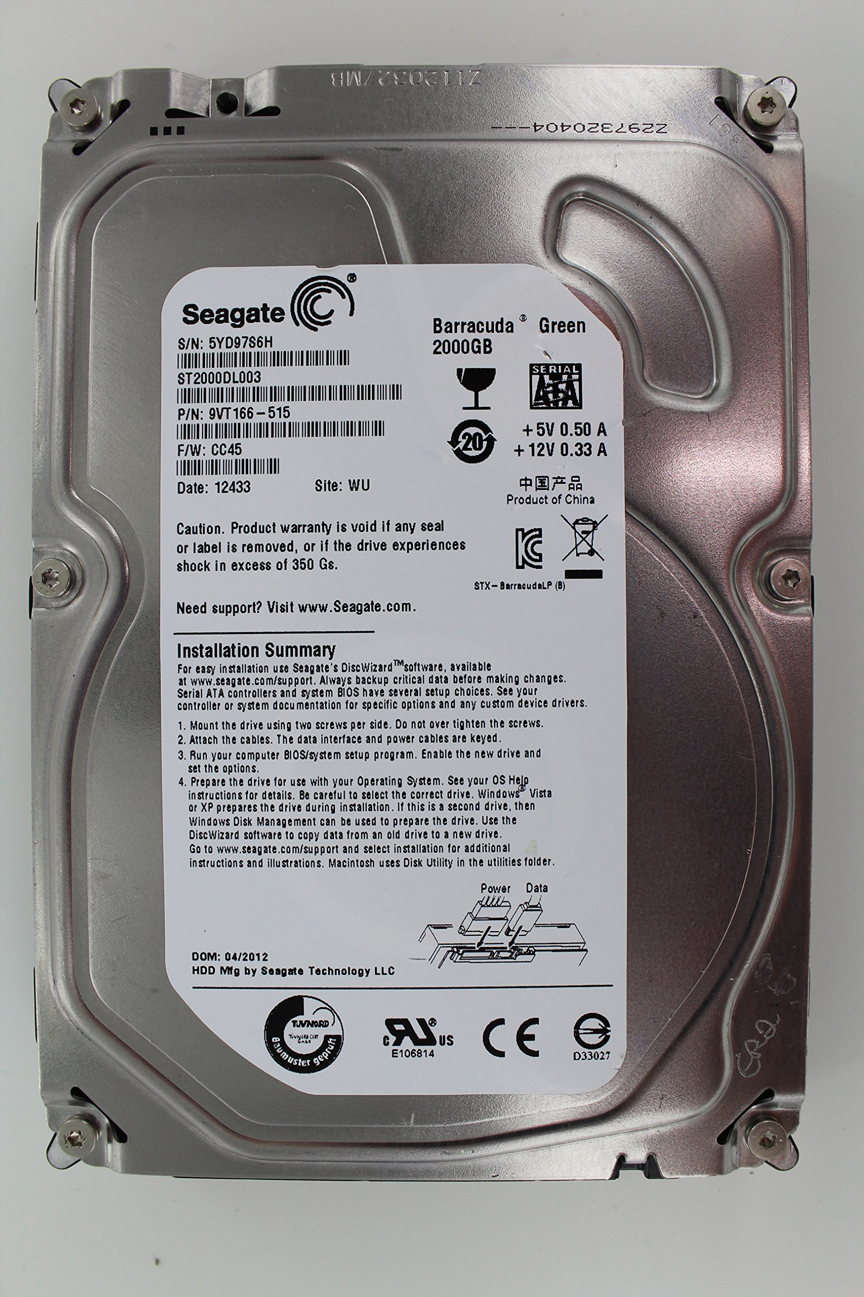 Seagate Barracuda Green 2TB SATA 6Gb/s 64MB Cache 3.5-Inch Internal Bare Drive ST2000DL003