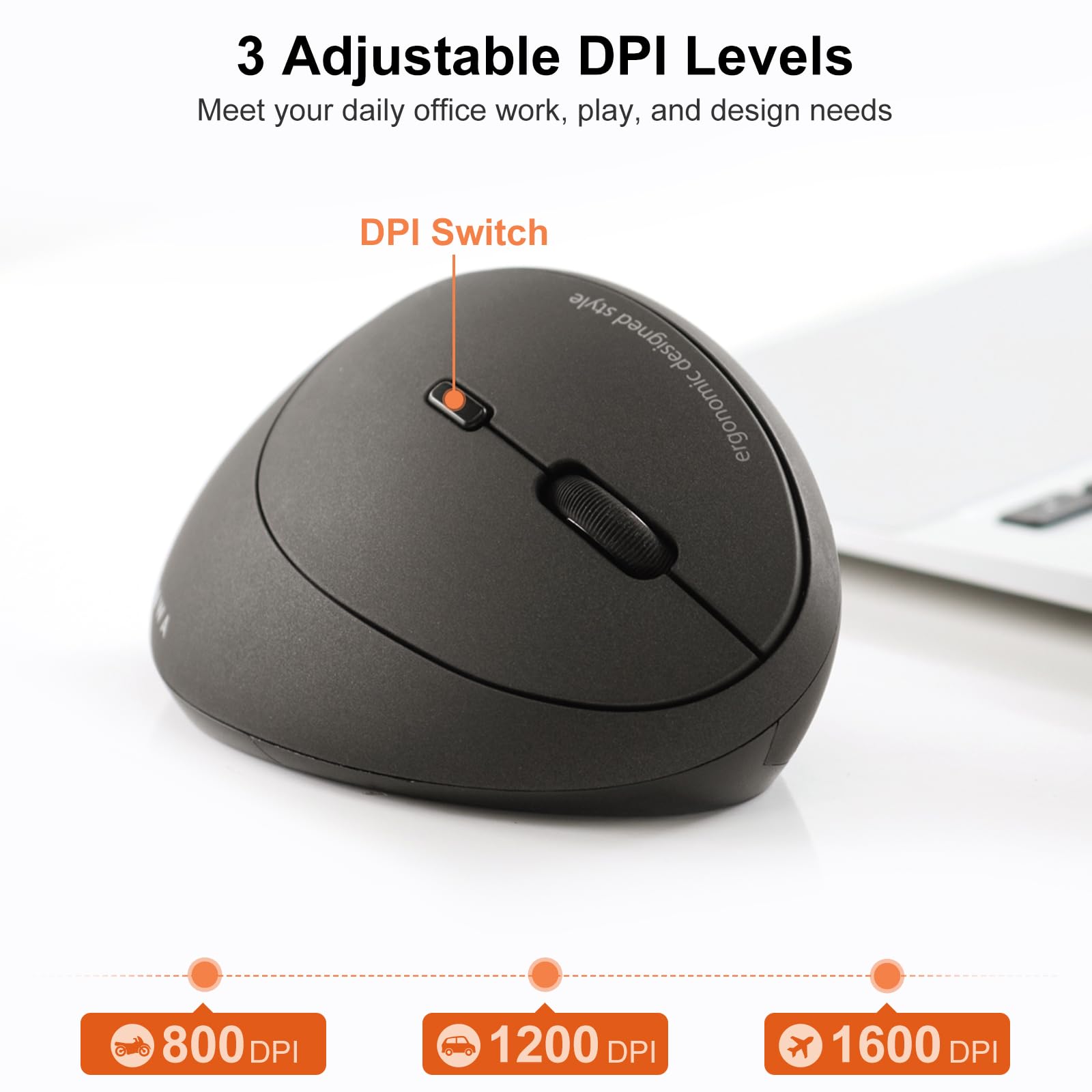 SANWA 2.4G Wireless Ergonomic Mouse, Optical Vertical Ergo Mice for Small Hands, Reduce Wrist Strain, 800/1200/1600 DPI, 5 Buttons, Compatible with MacBook, Laptop, Windows, Mac OS, Black