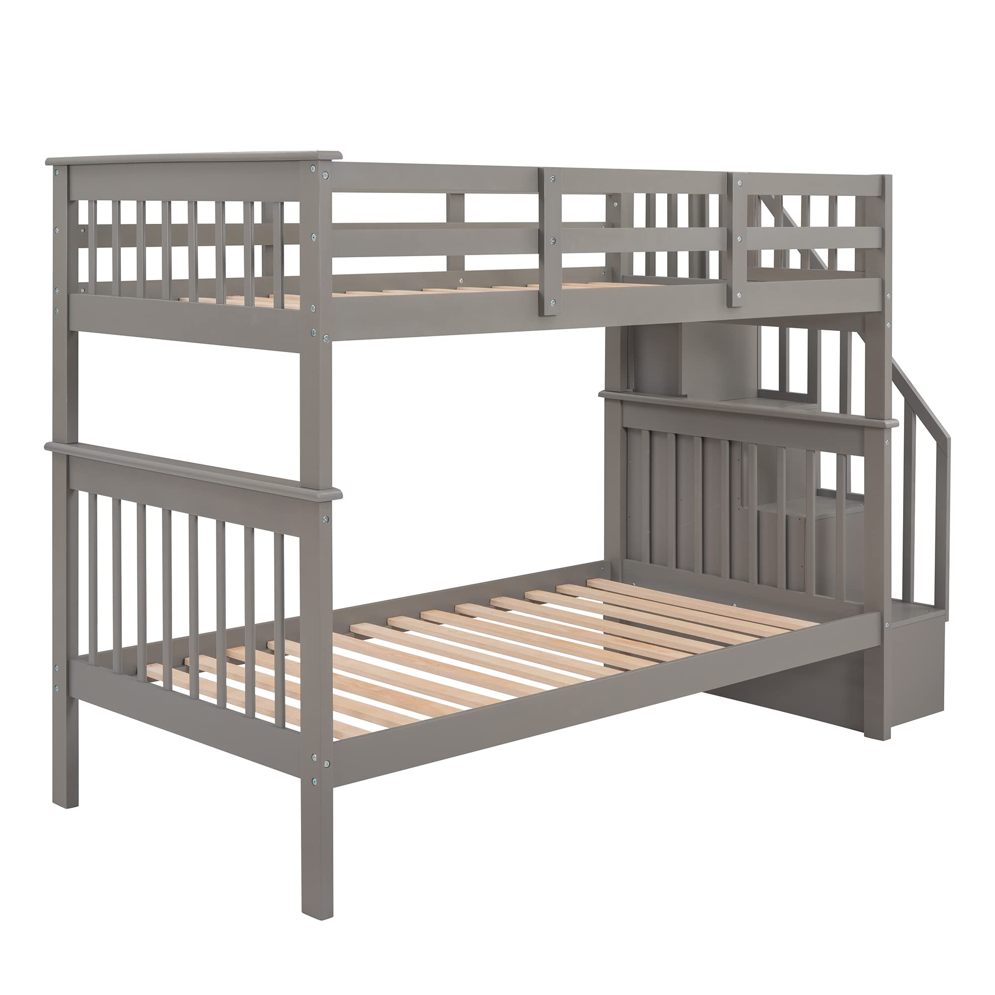 Harper & Bright Designs Bunk Beds Twin Over Twin with Stairs, Wood Bunk Bed Frame with Storage and Guard Rail,Twin Bunk Beds for Kids, Bedroom, Dorm, Teens, Adults,Grey