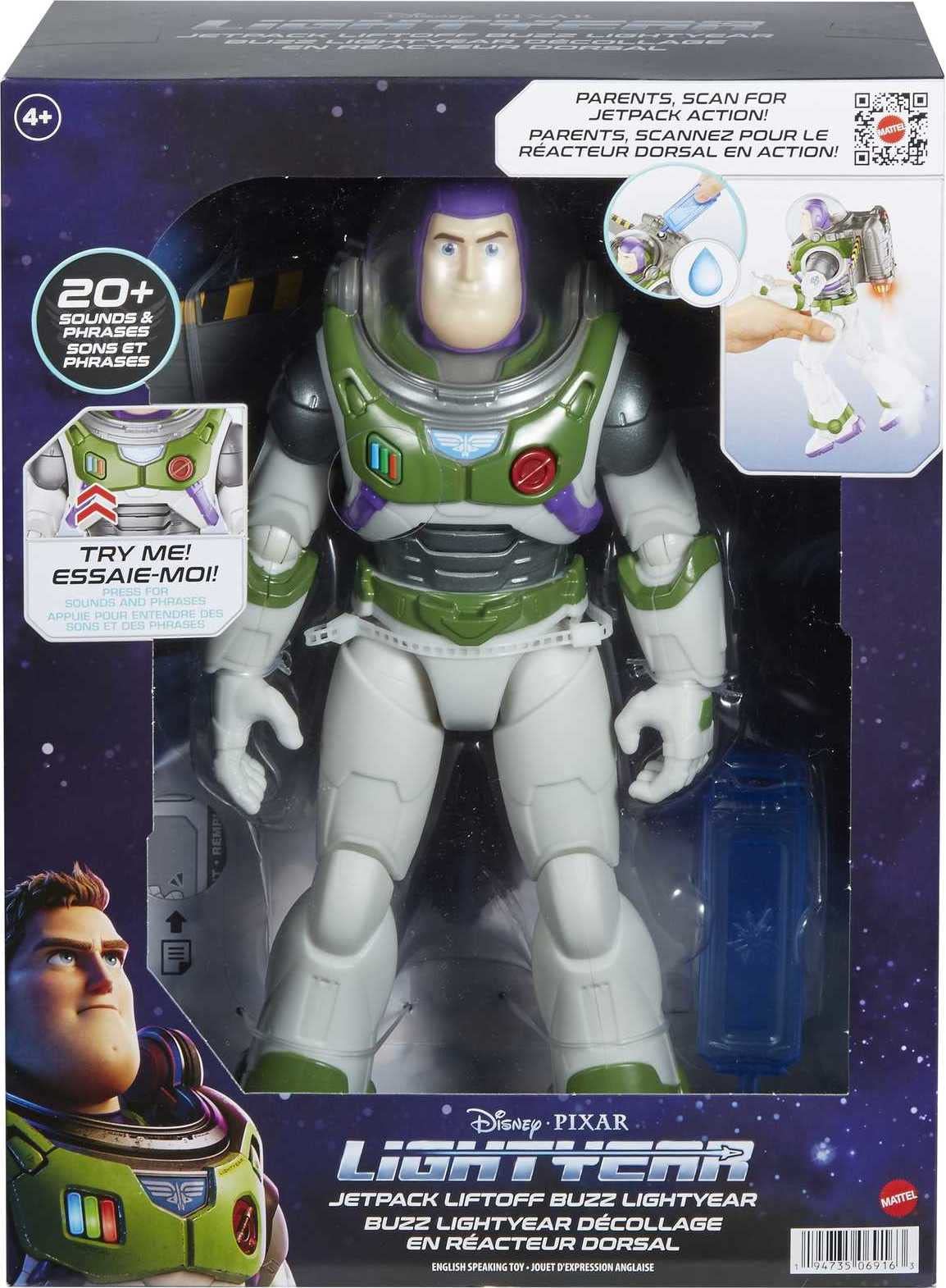 Mattel Disney Pixar Lightyear Toys, Talking Buzz Lightyear Action Figure with Liftoff Vapor Trail, 20 Sounds, Jetpack with Expanding Wings