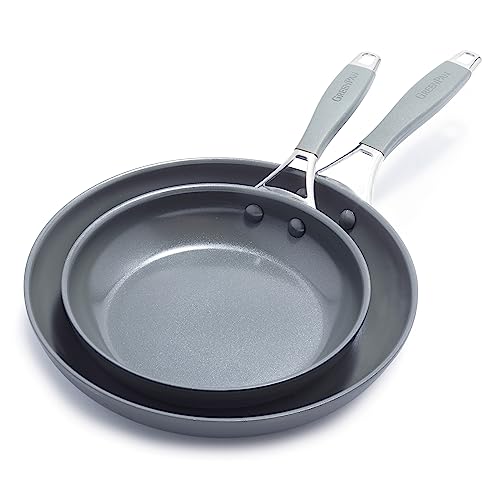 GreenPan York Hard Anodized Healthy Ceramic Nonstick 8" and 10" Frying Pan Skillet Set, Durable Forged Base, Scratch Resistant, Ergonomically Designed Silicone-Wrapped Handles, PFAS-Free, Gray