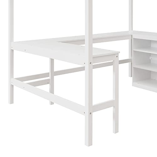 GYYBED Full Size Wooden Loft Bed with 3 Storage Shelves and Built-in L-Shape Desk for Kids Teens Adults Full Size loft Bed with Desk Full Size loft Bed loft Bed with Desk(White + Wood)