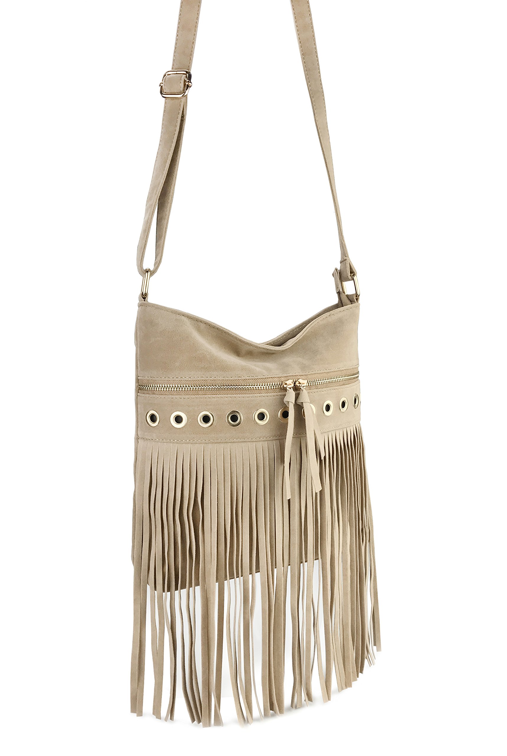 HOXIS Studded Tassel Zipper Pocket Faux Suede Leather Cross Body Bag Womens Purse (Brown)