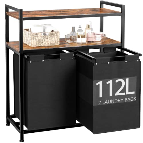 EnHomee laundry Basket 112 L Large Double Laundry Hamper with Shelf Laundry Sorter 2 Section with Removable Bags Organizer Clothes Hamper for Laundry