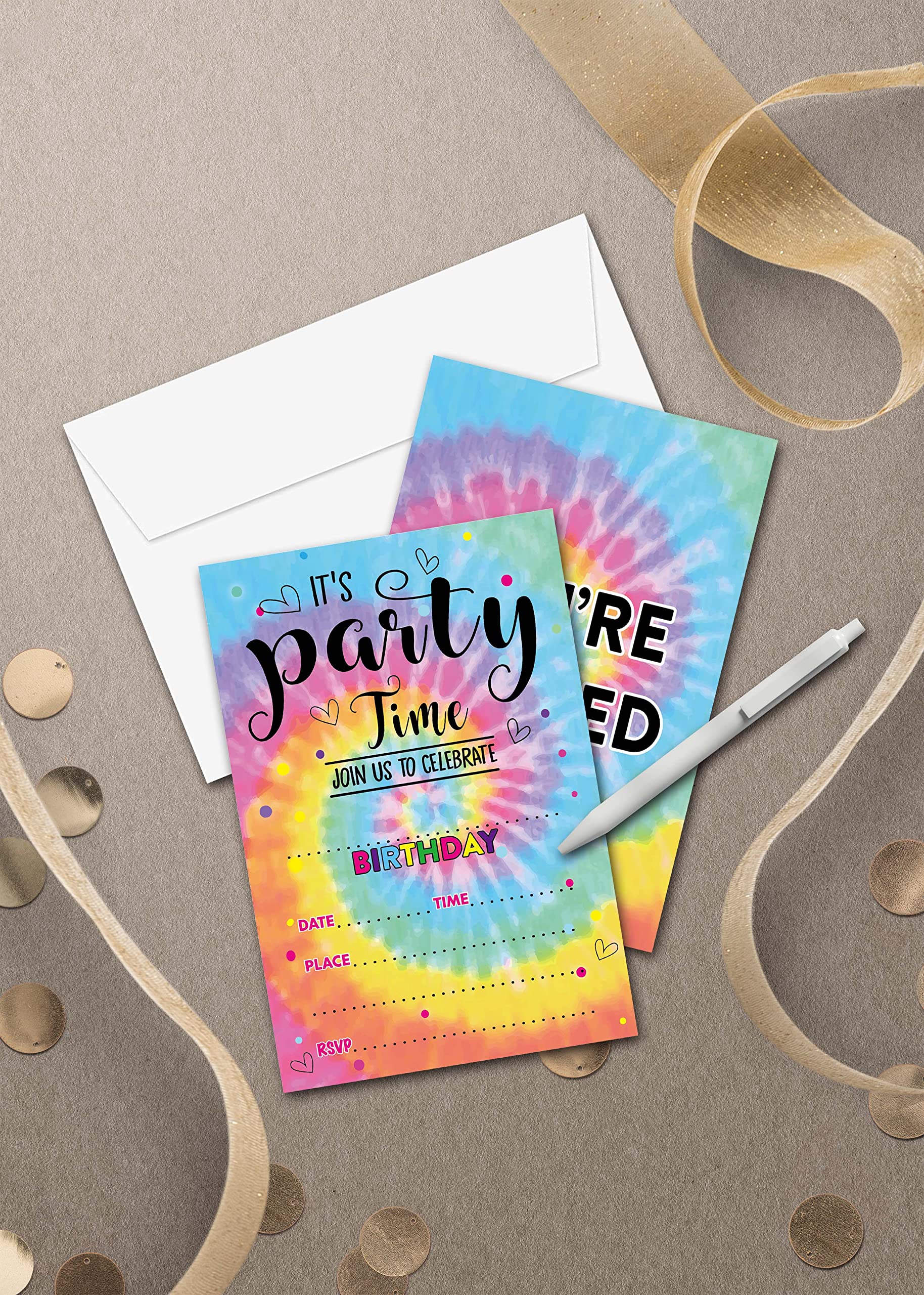 Disfuco Tie Dye Birthday Party Invitations - Tie Dye Party Supplies - Fill in The Blank Birthday Party Invites - 20 Invitation Cards With 20 Envelopes (007A)