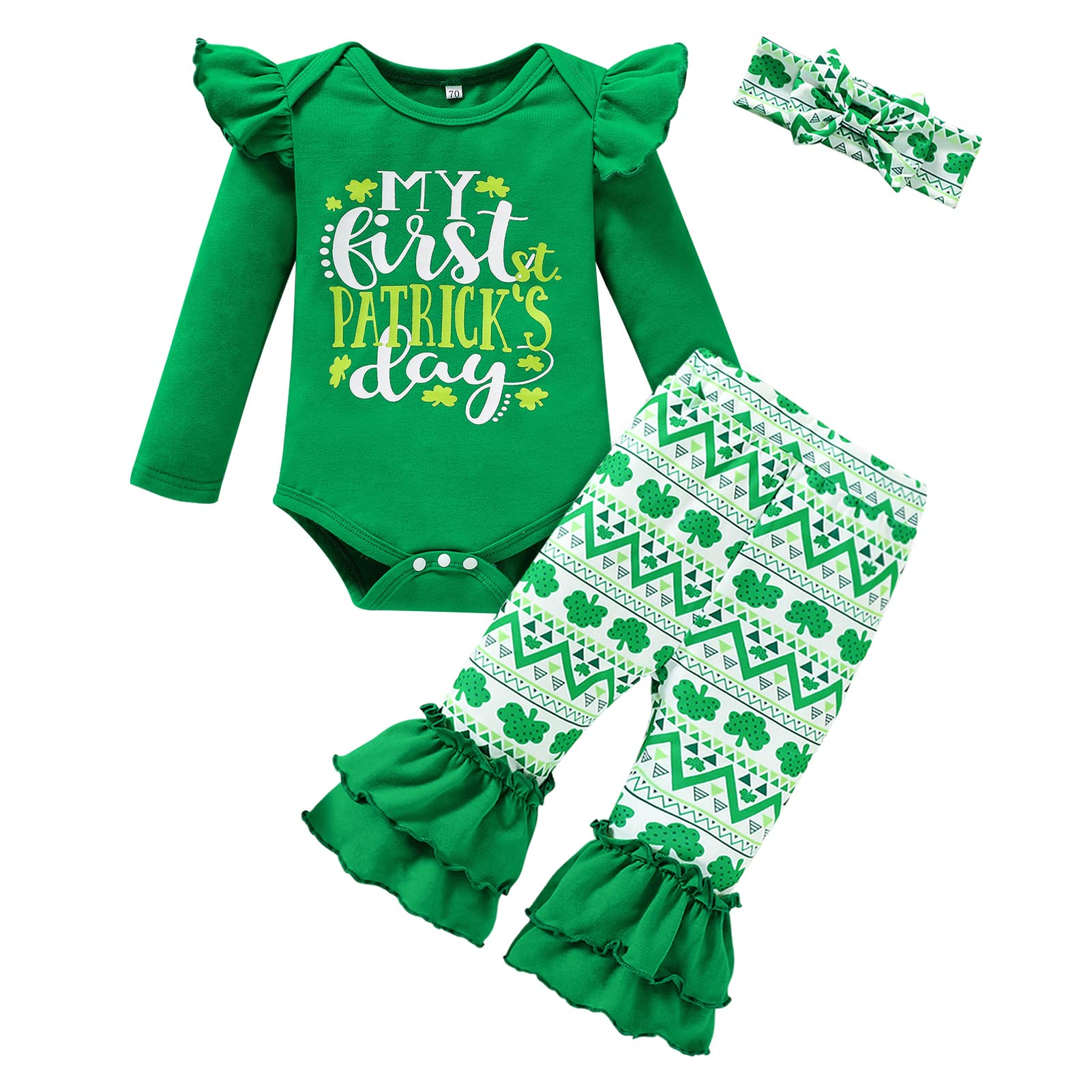 GRNSHTS Baby Girl My First St.Patrick's Day Clothes Long Sleeve Ruffle Romper Bell-Bottomed Pants Headband 3Pcs Clover Print Outfits(Green-C,0-3M