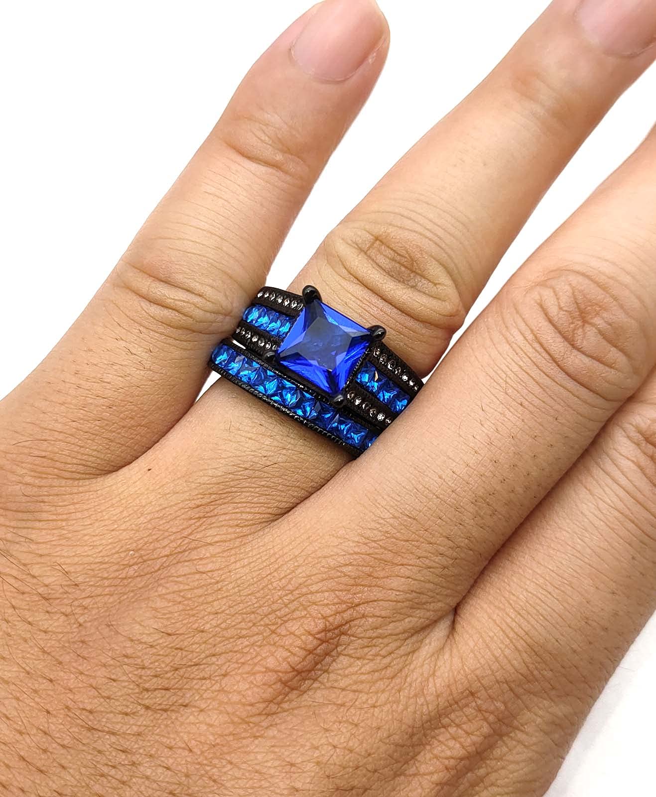 Bridal Sets Luxury Black Gold Plated Womens Wedding Ring Sets Princess cut 8mm Blue Cz Engagement Ring