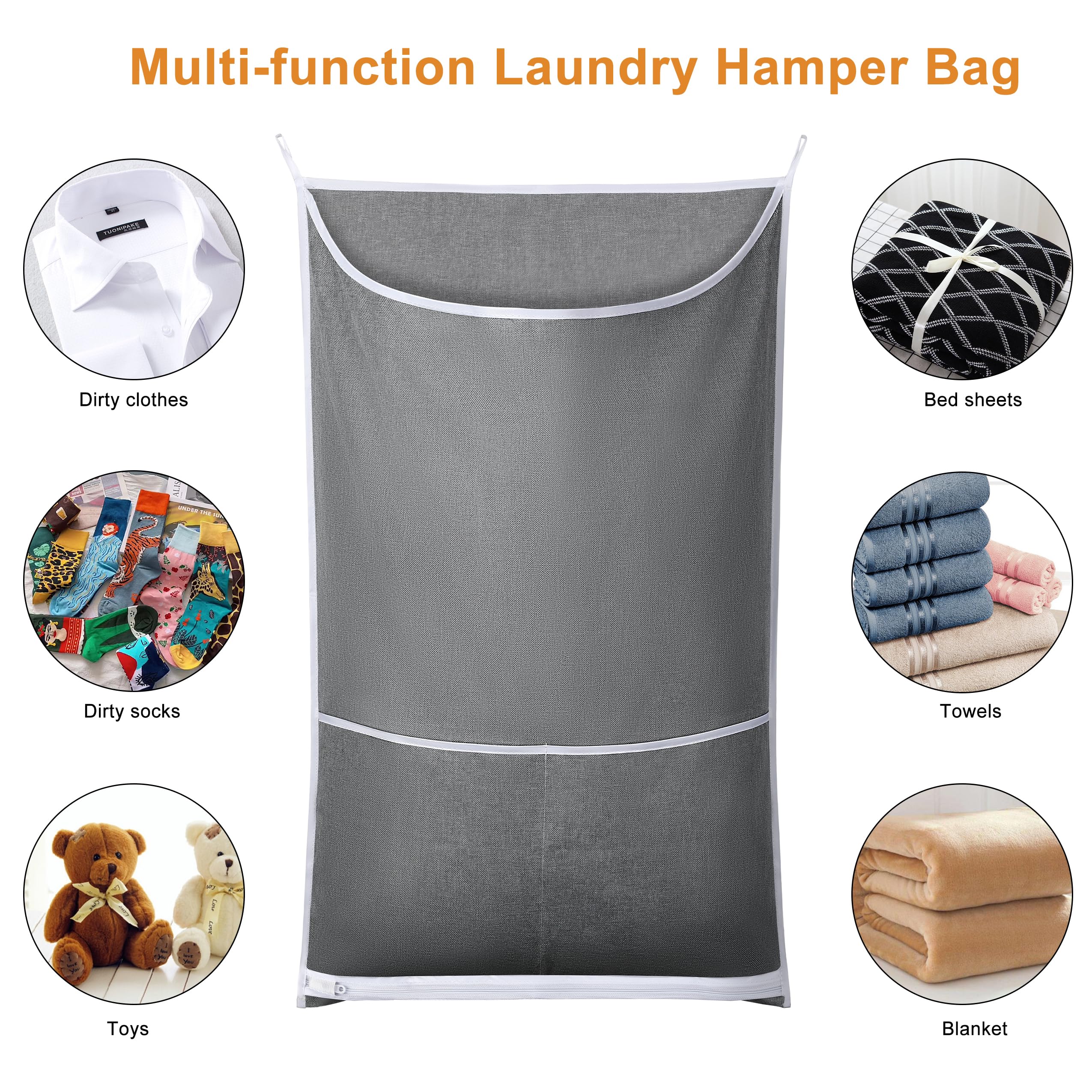 coastal rose Large Hanging Laundry Hamper with Hooks and Adhesive, Space Saving Laundry Bag with Zipper and Wide Open Top for Dirty Clothes Organizer,Door Hanging Hamper for Laundry,Grey,2 Pack