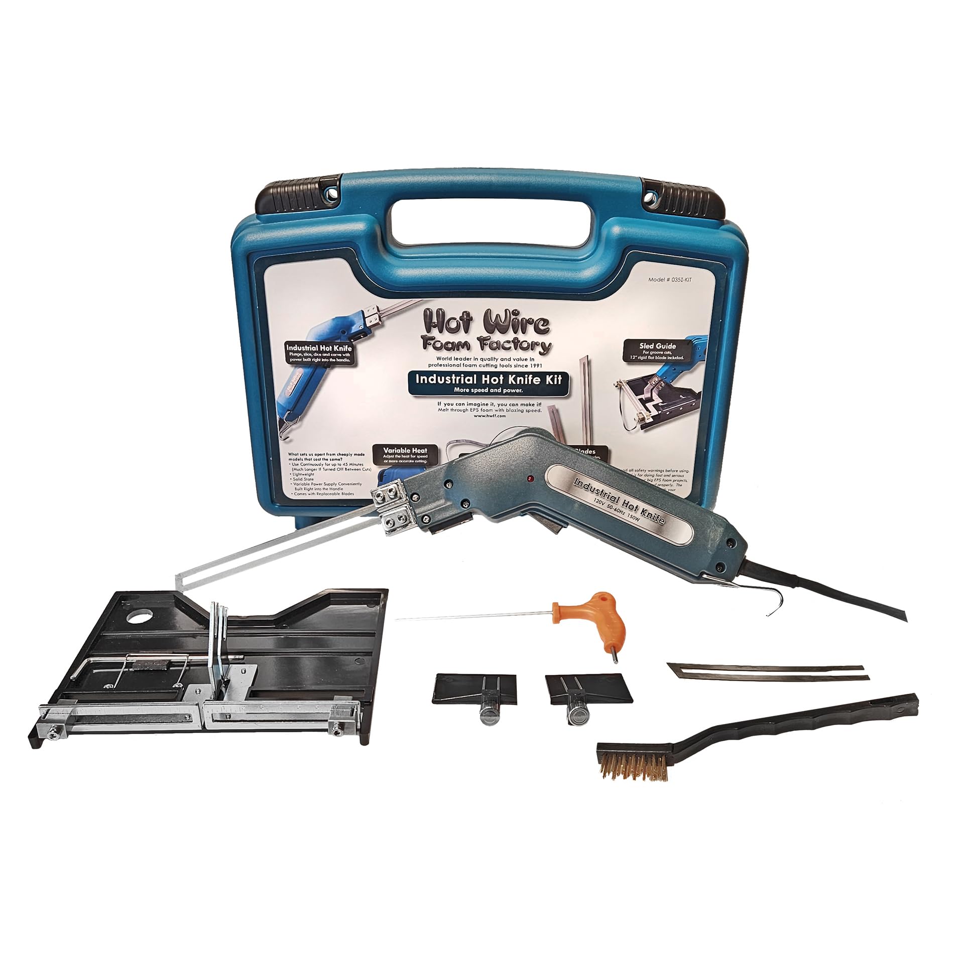 Hot Wire Foam Factory Industrial Hot Knife Foam Cutting Kit, 45 Minutes Continuous Use, 4" & 6" Blades, Sled Guide, Shapeable Blades, Cleaning Brush, Carrying Case for Cutting, Shaping Foam
