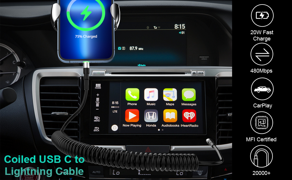 Coiled USB C to Lightning Cable with Apple Carplay, Coiled iPhone Charger Cable [MFi Certified] Apple Carplay Cable Short Retractable iPhone Lightning Charger Cord with LED for iPhone, iPad, iPod