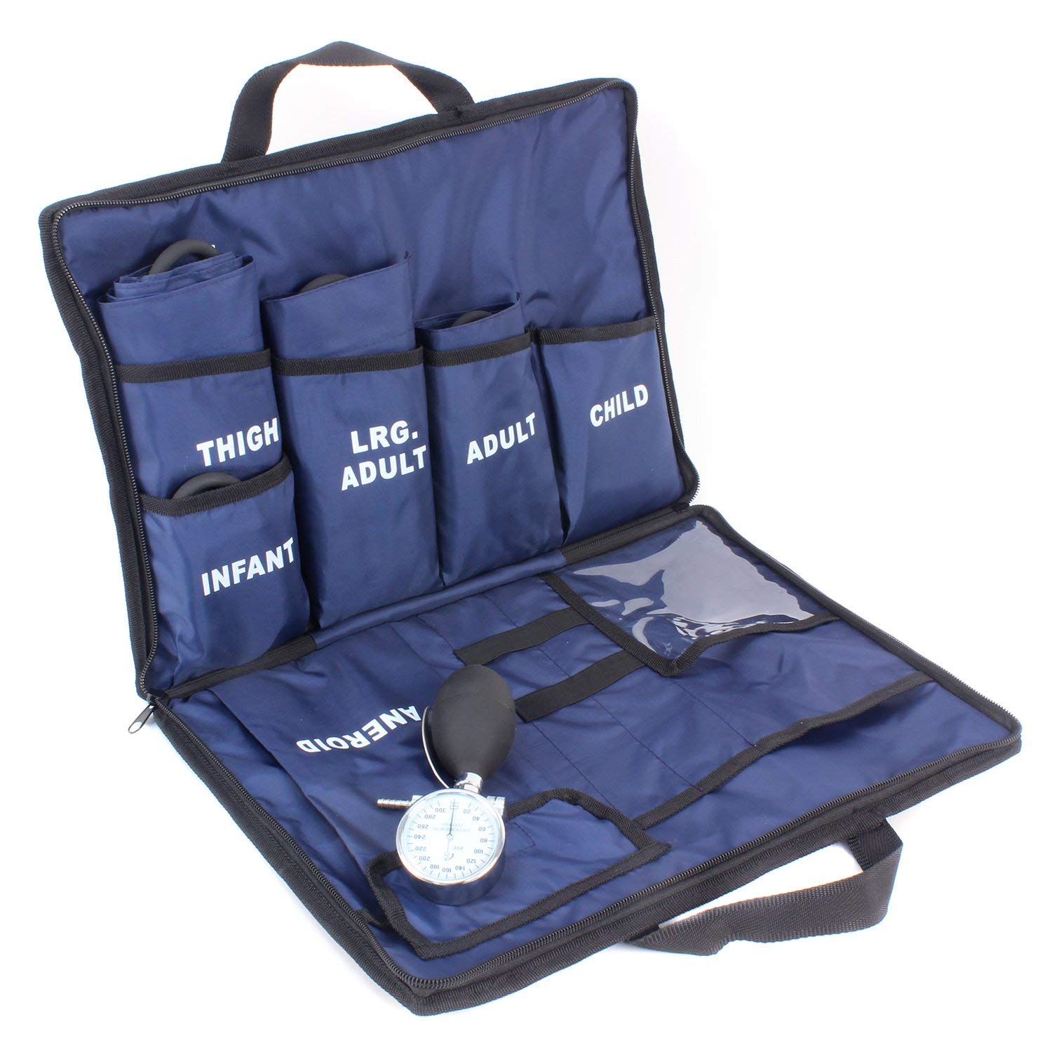 Dixie EMS Aneroid Sphygmomanometer Kit, Manual Blood Pressure Monitor Set with 5 Cuffs for Infant, Child, Adult, Large Adult, Thigh, & Carrying Case â Blue