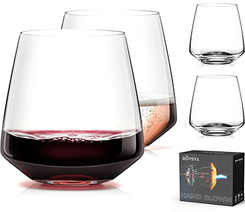Stemless Wine Glasses Set of 4-13.5oz,Hand Blown Crystal Red White Wine Glasses - Unique gifts for him/her for wedding, birthday, Christmas, father's day, anniversary - clear.