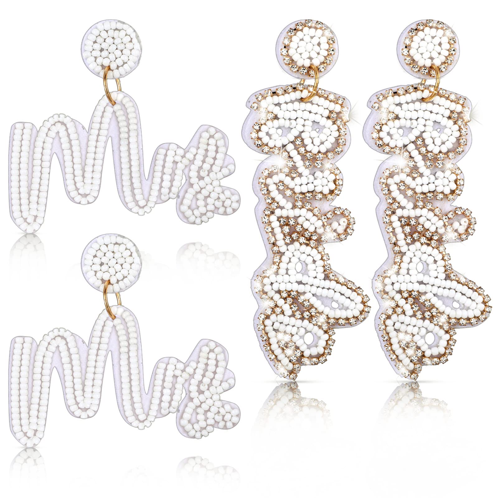 Bride and Mrs Earrings Set Bride Beaded Wedding Earrings Handmade Statement Mrs Dangle Earrings for Women (Romantic Style)