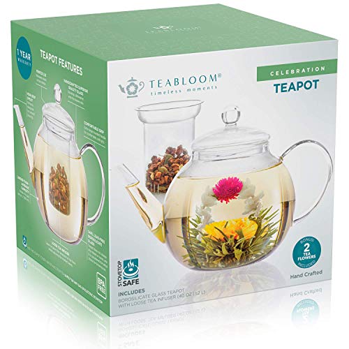 Teabloom Stovetop & Microwave Safe Teapot (40 OZ) with Removable Loose Tea Glass Infuser β Includes 2 Blooming Teas β 2-in-1 Tea Kettle and Tea Maker