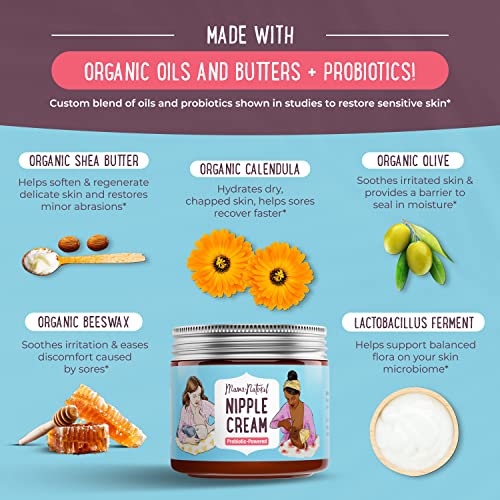 Mama Natural Nipple Cream for Breastfeeding (2 oz) | 100% Organic Nipple Balm Safe for Nursing | Probiotic Powered & Lanolin Free Organic Nipple Butter | Sore Nipple Relief Breastfeeding